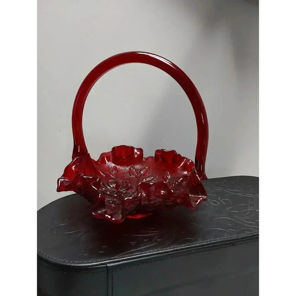 Fenton | Accents | Vintage Fenton Ruby Red Ruffled Trim Glass Basket ...